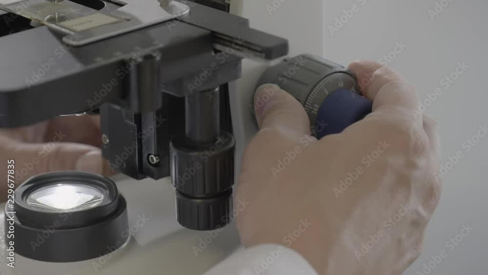 Adjusting the microscope with the rotary potentiometer. Detail. Stock ...