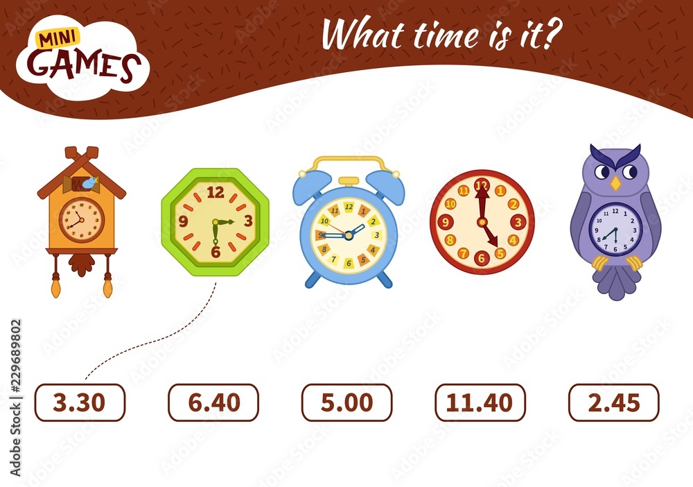 Educational Game find the Matching time on the watch. Vector ...