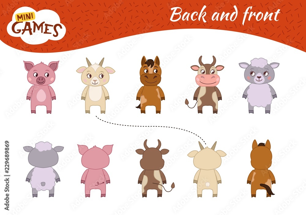 Educational game for children. Learning back and front. Cartoon farm ...
