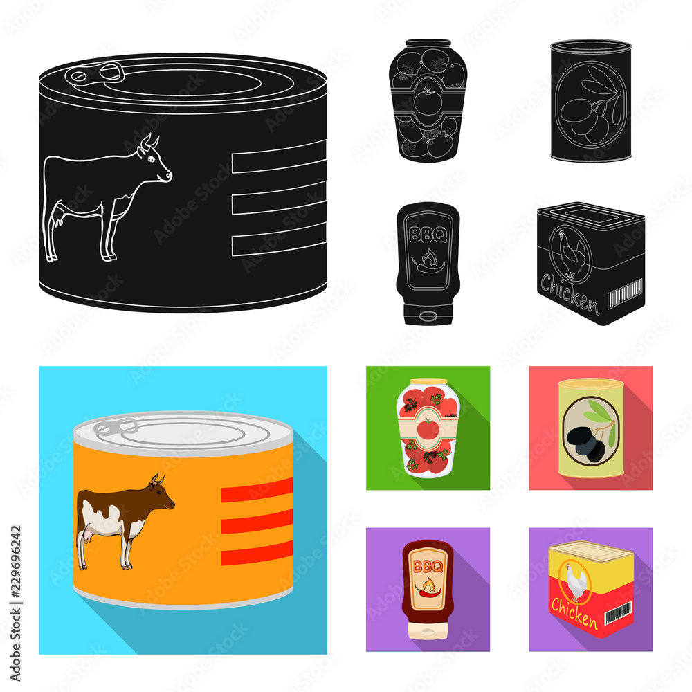 Vector illustration of can and food icon. Set of can and package vector ...