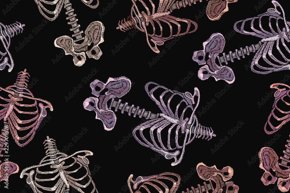 Embroidery skeleton, rib cage gothic seamless pattern. Dark art clothes ...