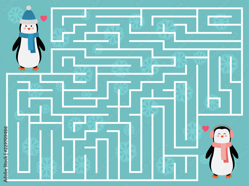 Winter maze game for kids. Help the penguin find the right way to his ...