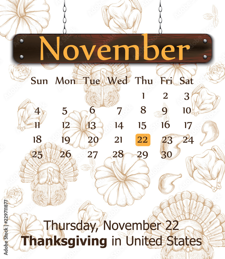 Thanksgiving Day calendar Vector. Turkey, pumpkins background lineart ...