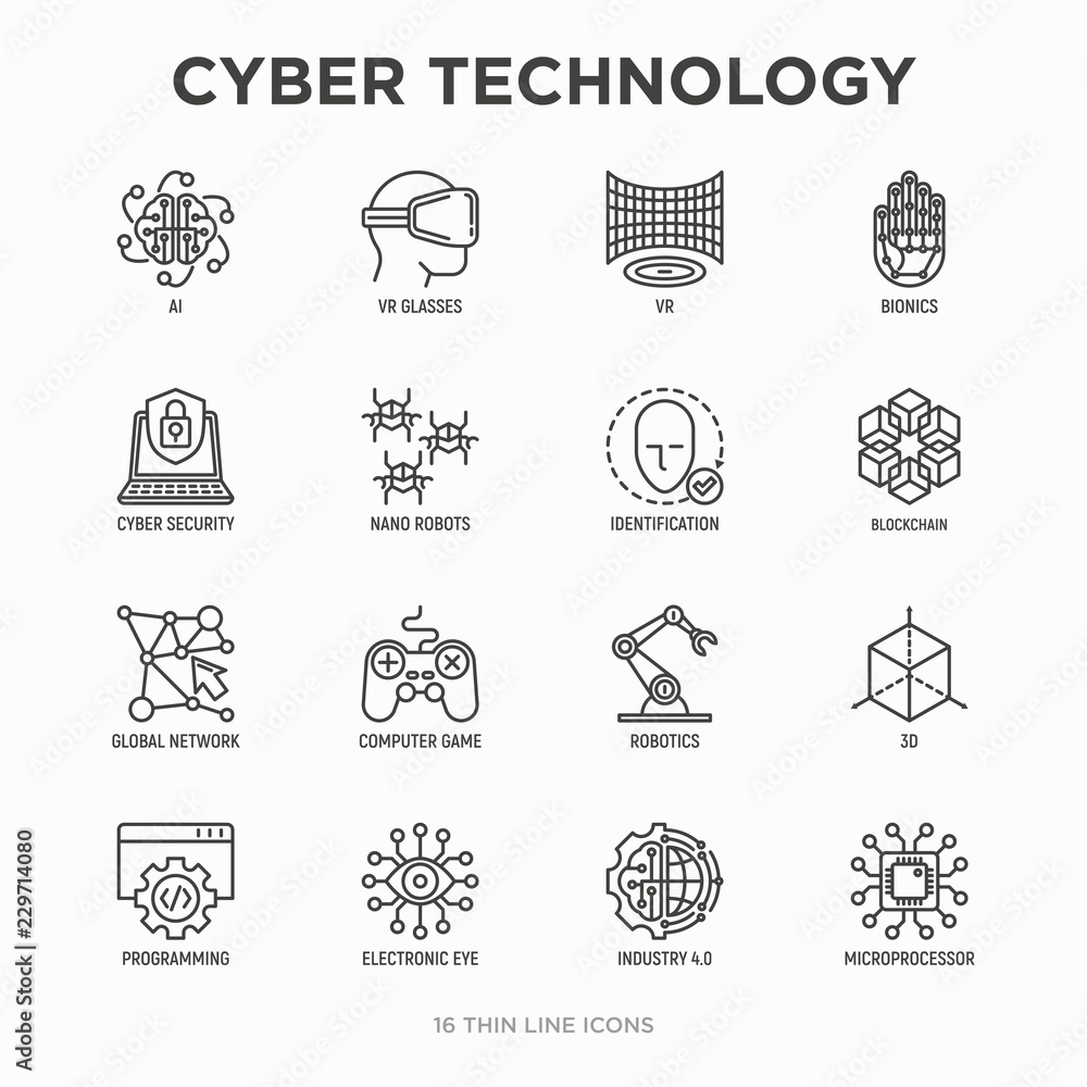 Cyber technology thin line icons set: ai, virtual reality glasses ...
