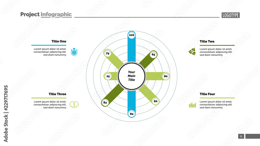Eight columns radial bar chart slide template. Business data. Option ...