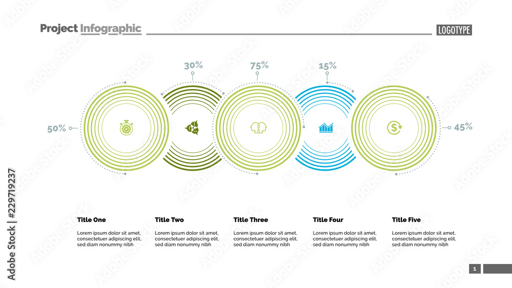 Five options percentage chart slide template. Business data. Percent ...