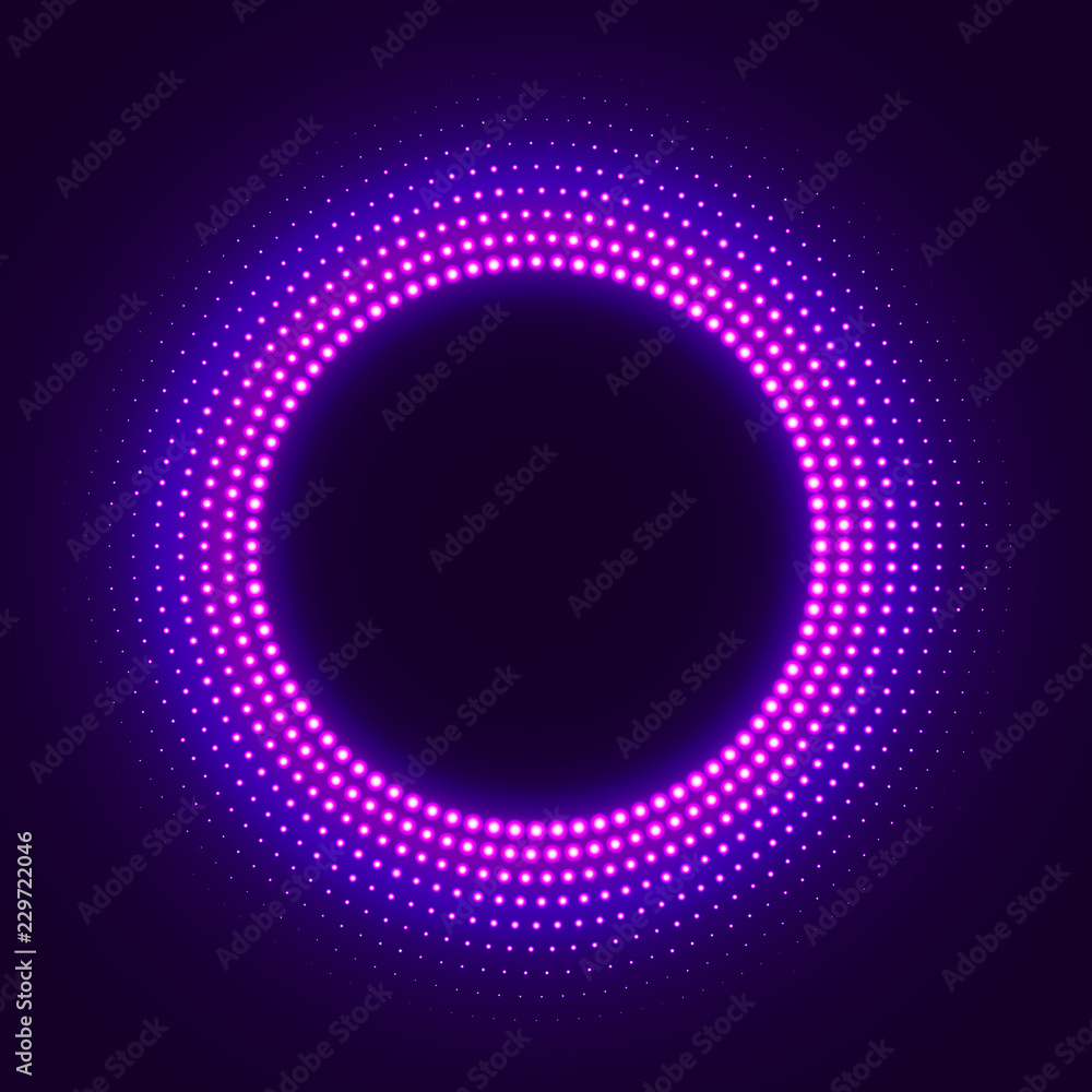 Abstract disco background with neon glowing circle halftone ornament ...