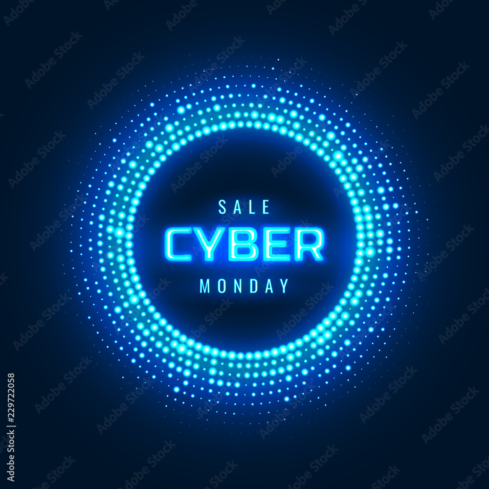 Cyber Monday concept banner with neon glowing halftone circle. Luminous ...