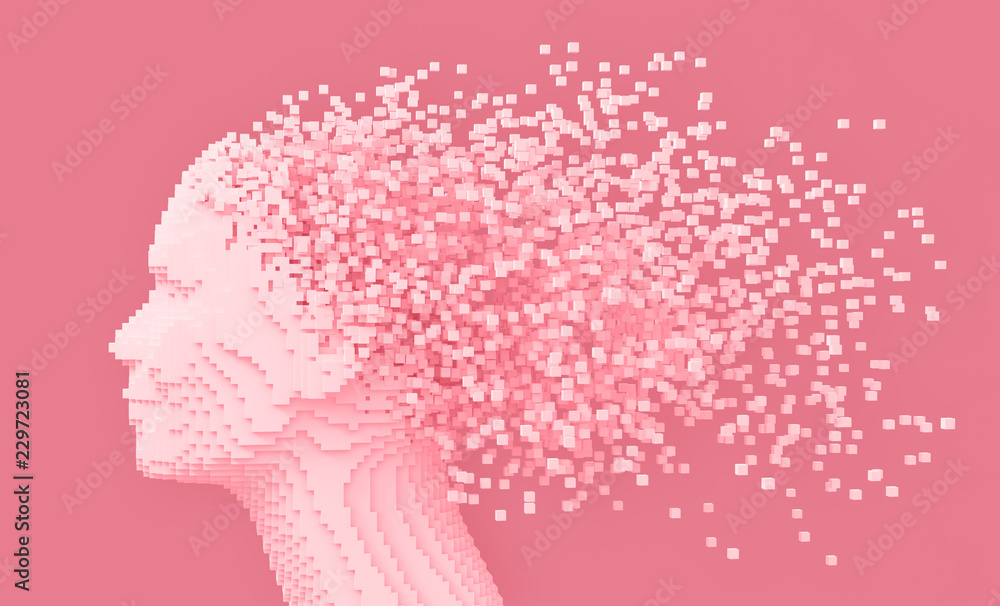 Pixelated Head Of Woman And 3D Pixels As Hair On Pink Background Stock ...
