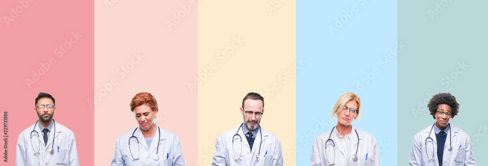Collage of professional doctors over colorful stripes isolated ...
