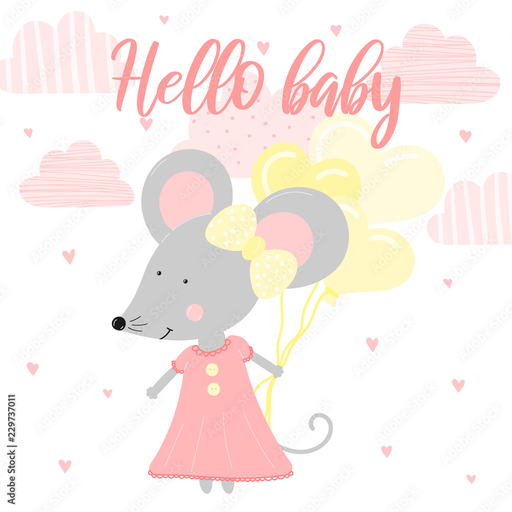 Vector image of a mouse with yellow balls, pink clouds, hearts and ...