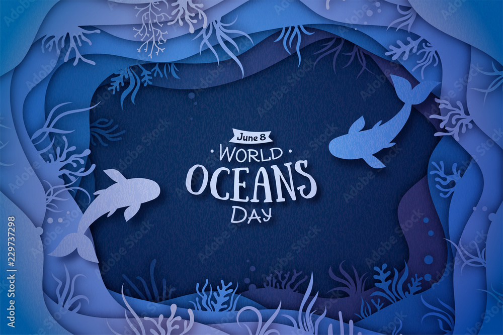 Paper art concept of World Oceans Day. The celebration dedicated to ...
