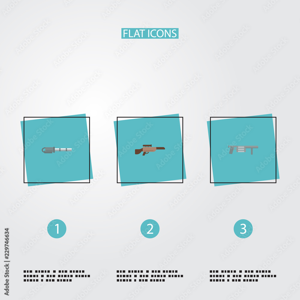 Set of game icons flat style symbols with sniper rifle, gatling gun ...