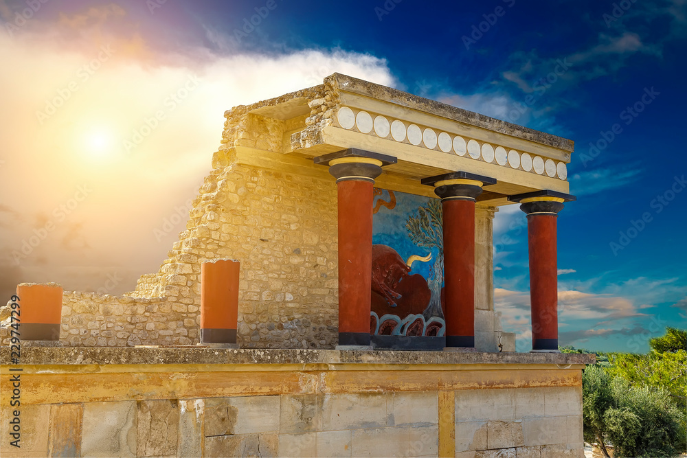 Knossos palace, Crete island, Greece. Detail of ancient ruins of famous ...