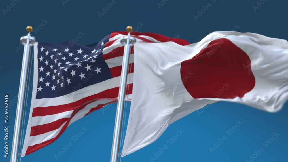 4k Seamless United States of America And japan Flags with blue sky ...