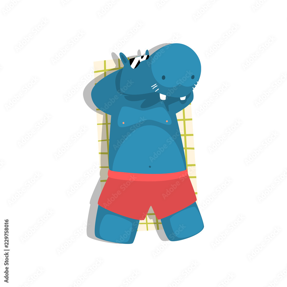 Behemoth sunbathing on the beach, cute animal cartoon character ...