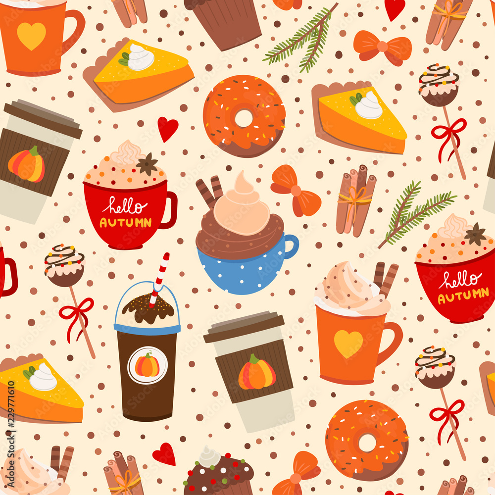 Pumpkin spice. Various tasty stuff. Colored vector seamless pattern. Beige background Stock ...