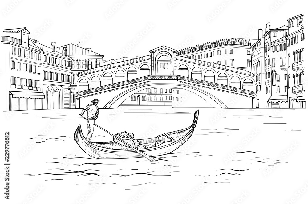 Sketch of Venetian gondola with gondolier, Realto bridge. Black and ...
