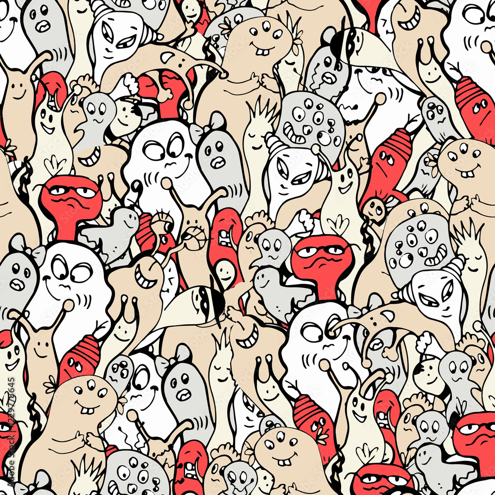 Cartoon monsters seamless pattern, hand draw doodle vector illustration ...