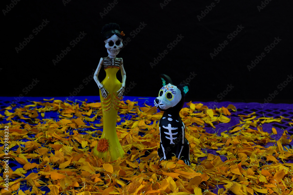 Catrina y perro catrín sobre flor de cempazúchitl Stock Photo | Adobe Stock