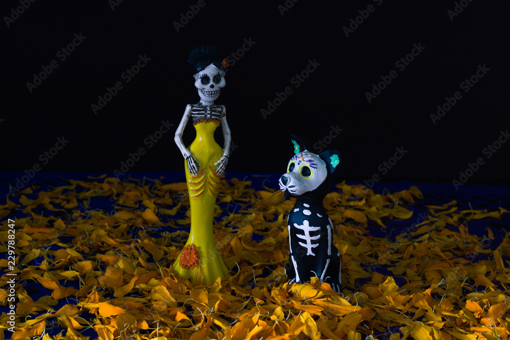 Catrina y perro catrín sobre flor de cempazúchitl Stock Photo | Adobe Stock