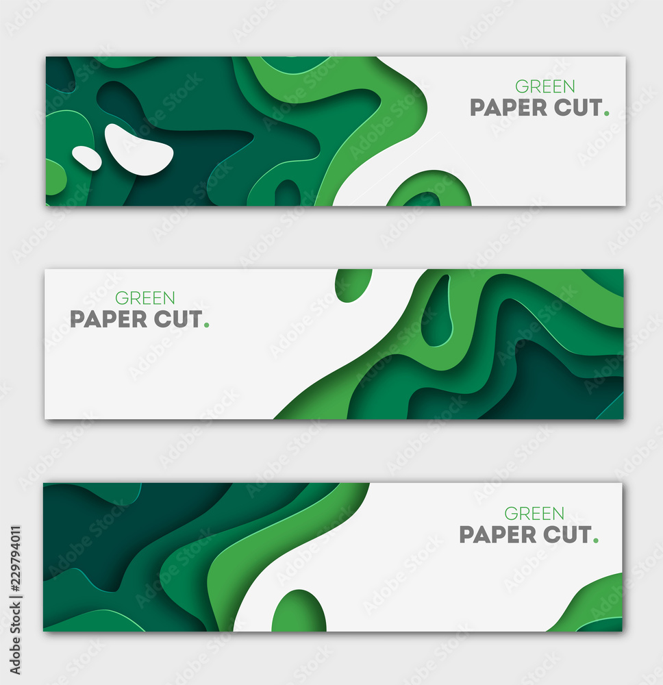 Banners set 3D abstract background, green paper cut shapes. Vector ...