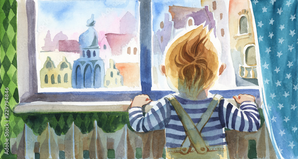 Watercolor illustration. Back view of the little boy, who looks through ...