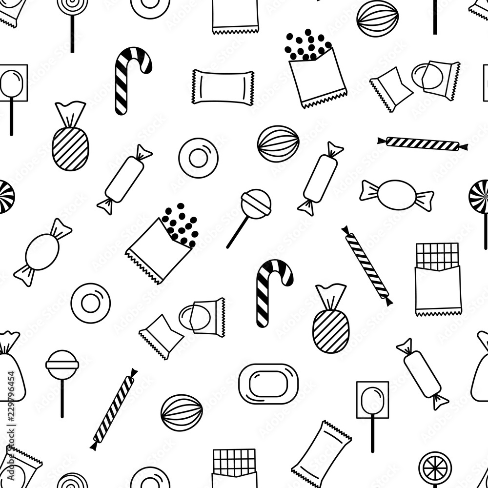 Vector seamless pattern of outline candies. Candy symbols. Candi Stock ...