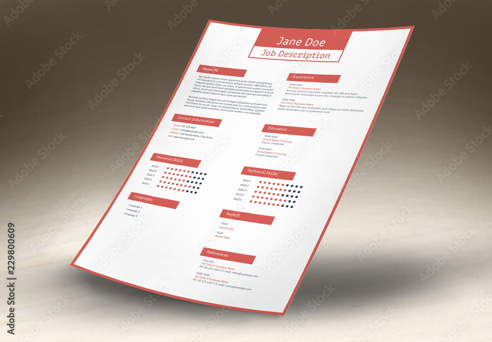Resume Layout with Red Accents Stock Template | Adobe Stock