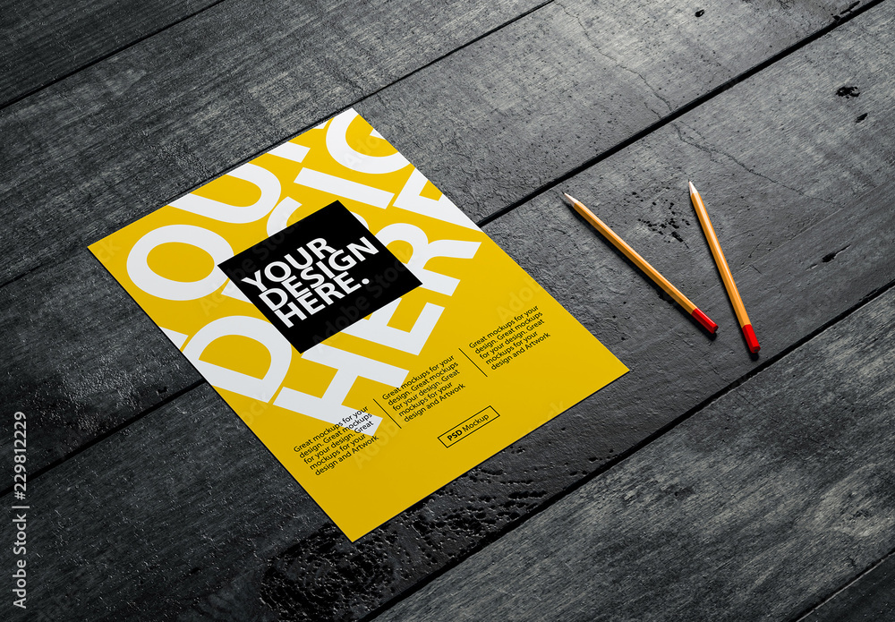 Paper Flyer with Pencils on Wooden Surface Mockup Stock Template ...