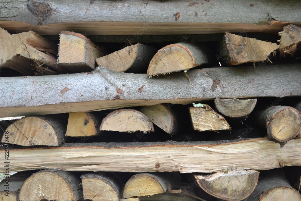 Closeup photograph of neatly stacked wooden logs (beech and oak). The ...