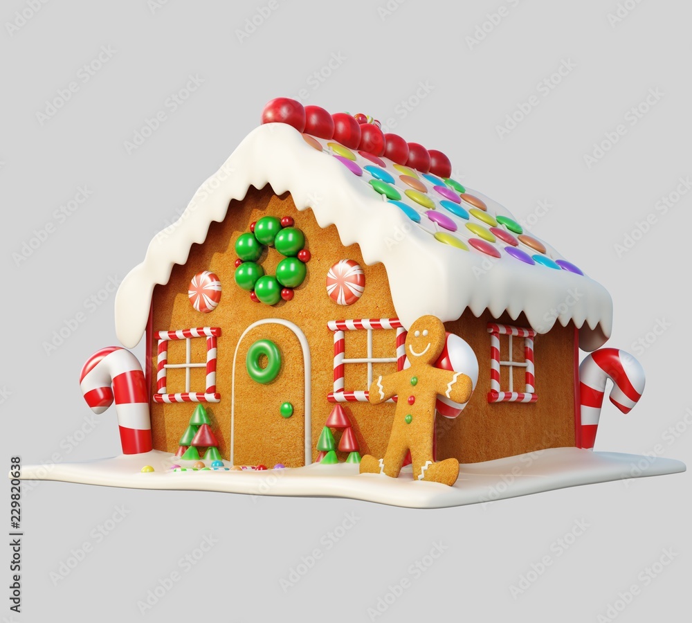 Christmas Gingerbread house in snow. 3d rendering Stock Illustration ...