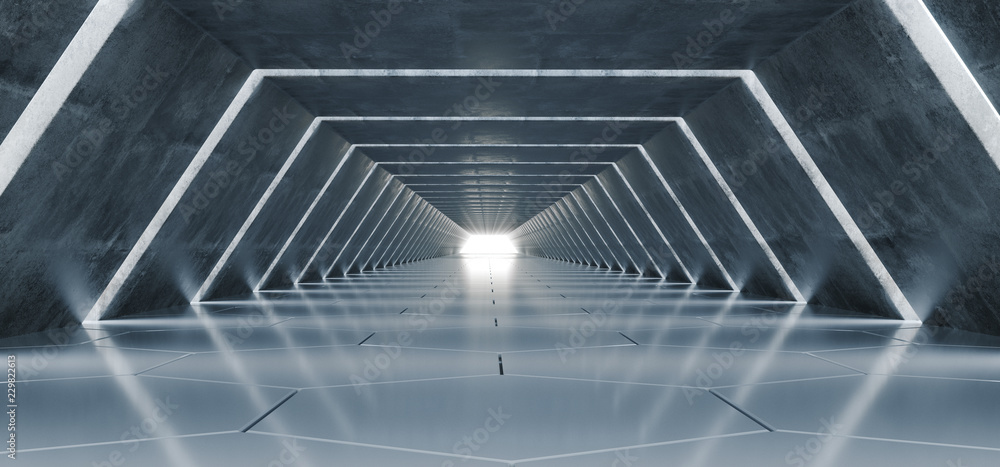 Modern Futuristic Sci-FI Long Empty Concrete Triangle Corridor With Daylight And Hexagonal ...