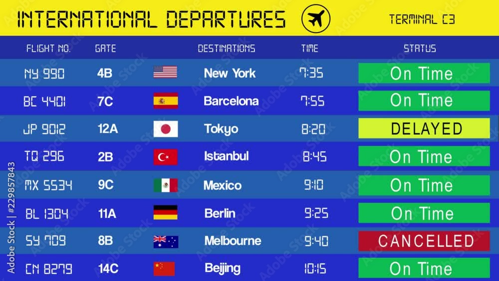 Animated airport departures timetable with different destinations and ...