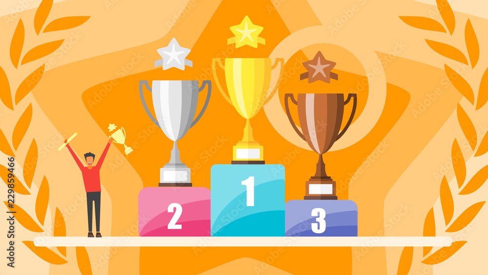 Win concept. Tiny People holding Gold Trophy award. Winner Gold, silver ...