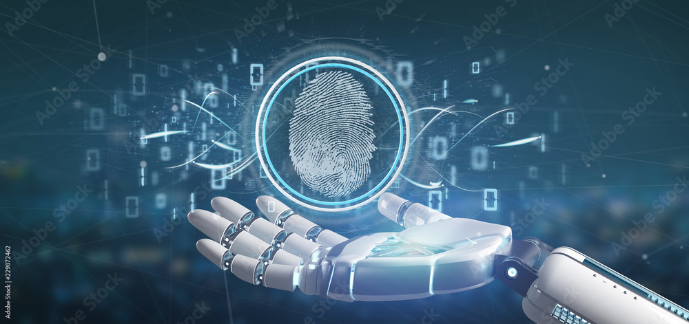 Cyborg holding a Digital fingerprint identification and binary code 3d rendering foto de Stock ...