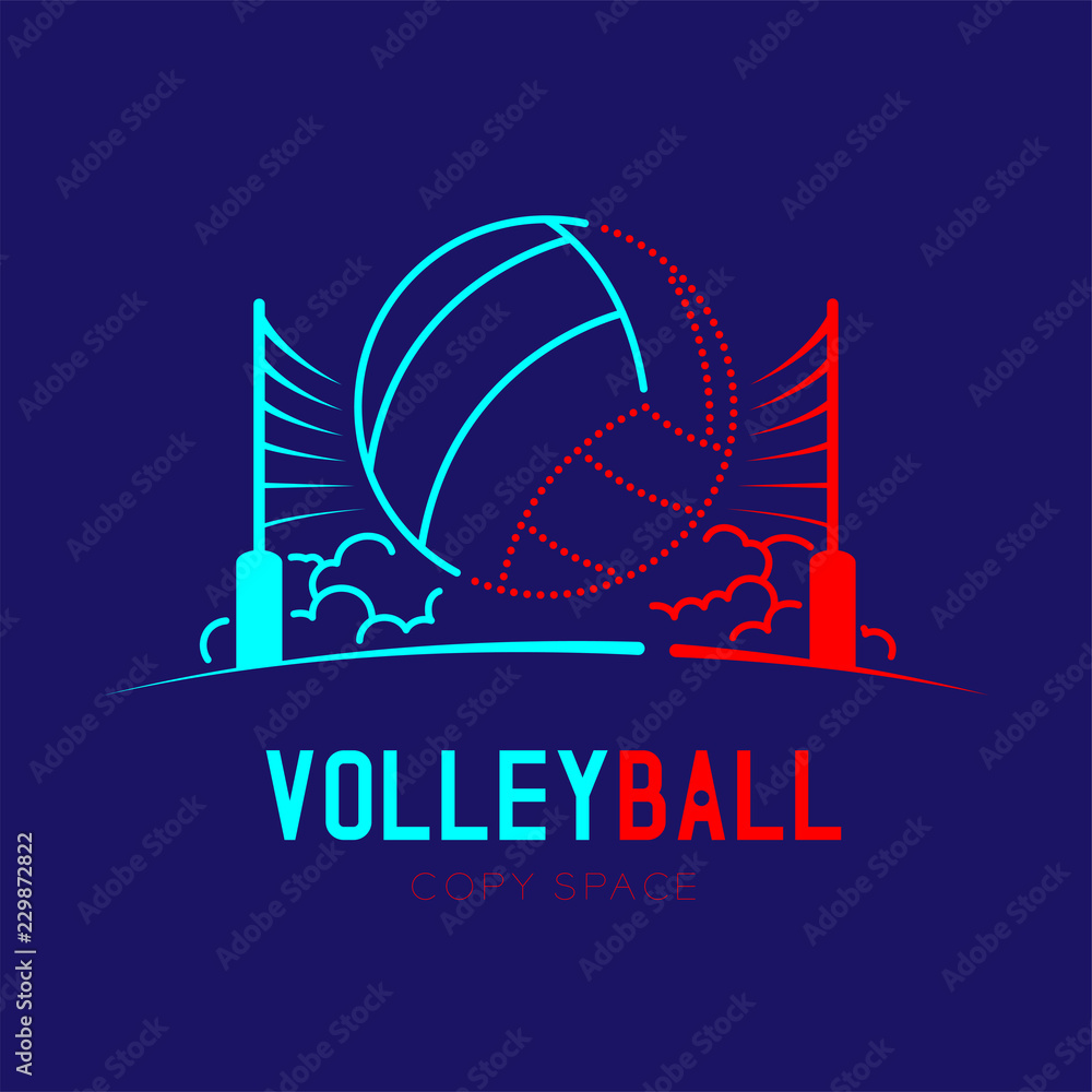 Volleyball with net and cloud logo icon outline stroke set dash line ...