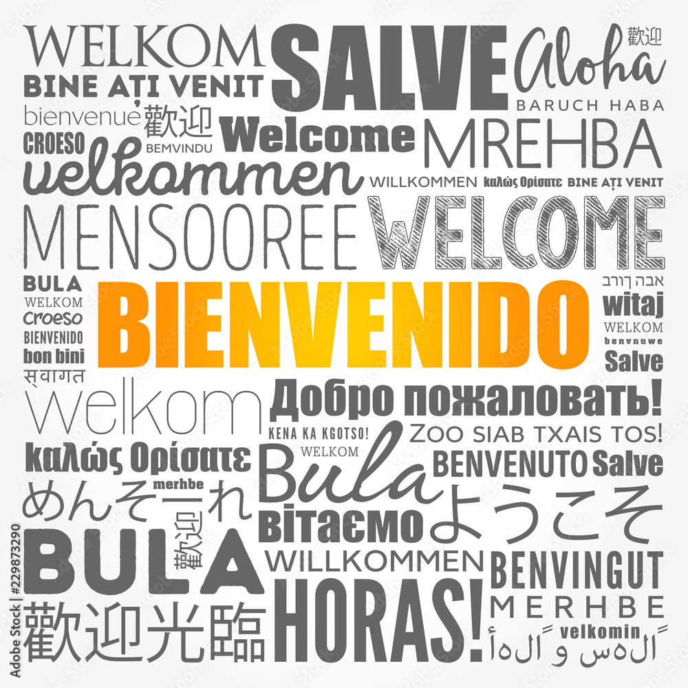 Bienvenido , Welcome in Spanish, word cloud in different languages ...
