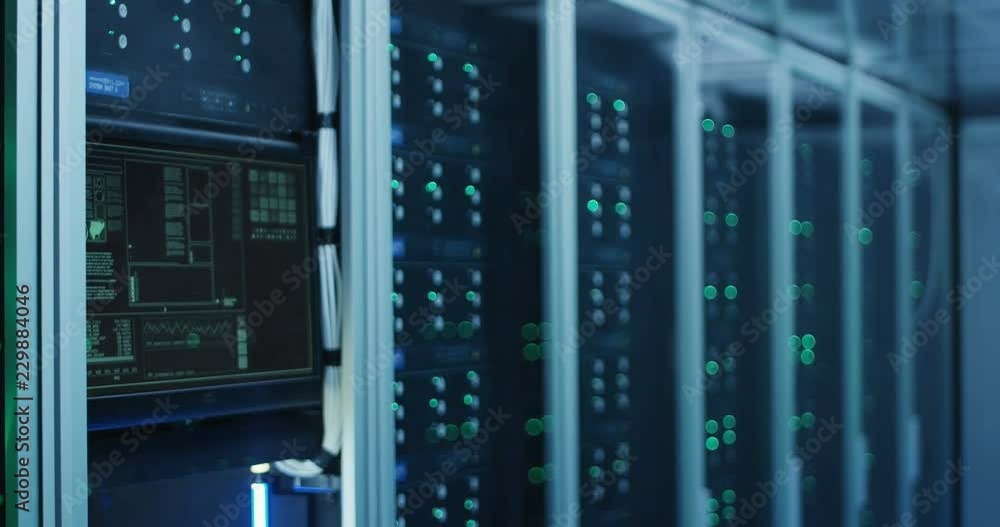 Close up shot of a computer login screen in a modern data center then ...