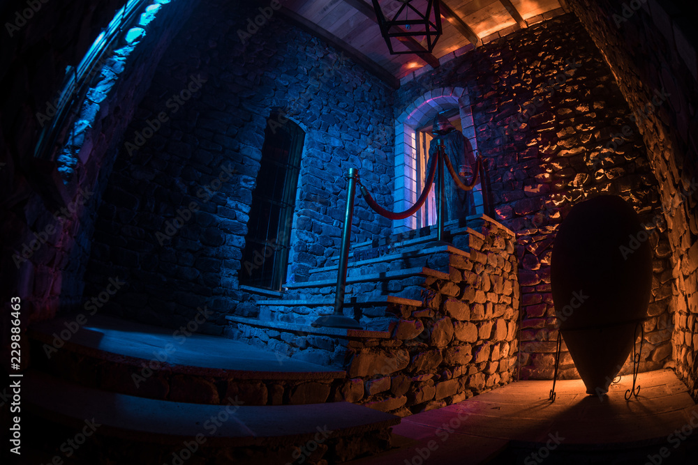 Inside of old creepy abandoned mansion. Staircase and colonnade ...