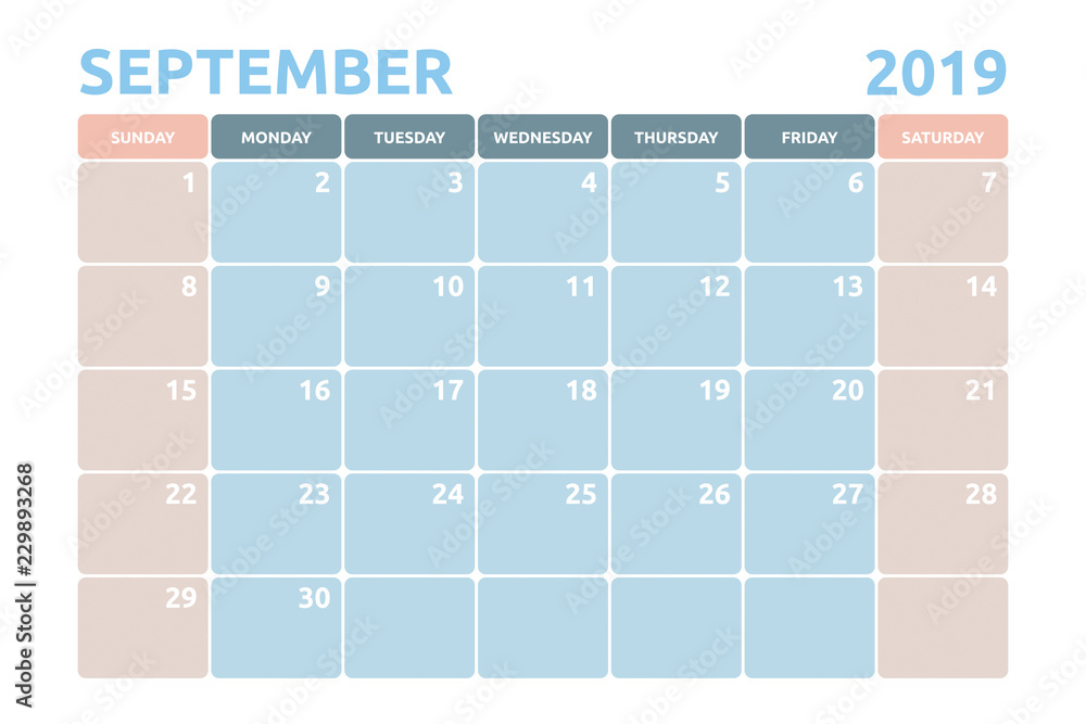 Minimal Calendar design for September of 2019 with copy space for desk ...