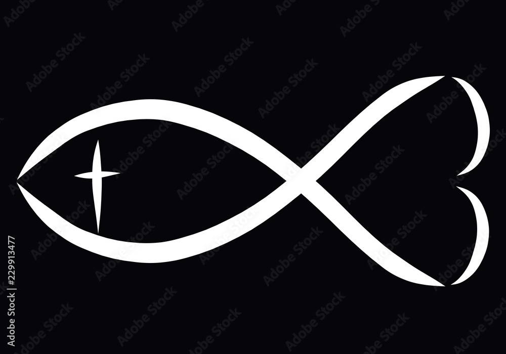 Christian symbol, a fish with a cross and a heart, white pattern on a ...