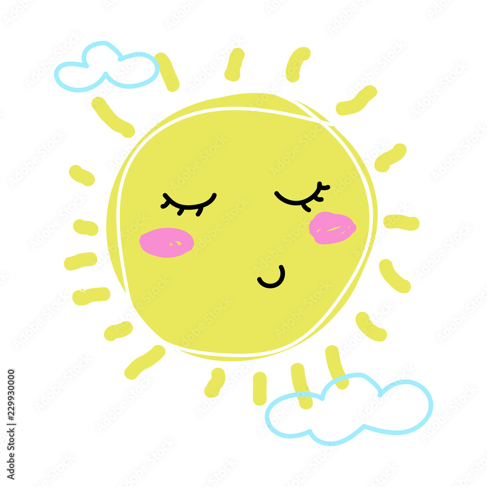 Childs drawing of sun. Cute cartoon character isolated on white ...