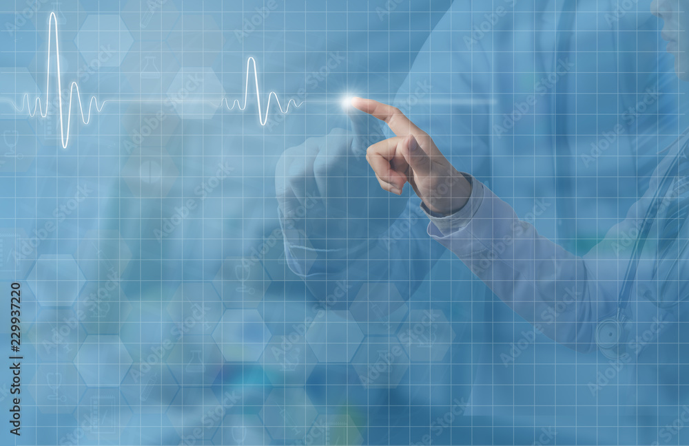 doctor hand and index finger touching on screen of ECG wave Stock Photo ...