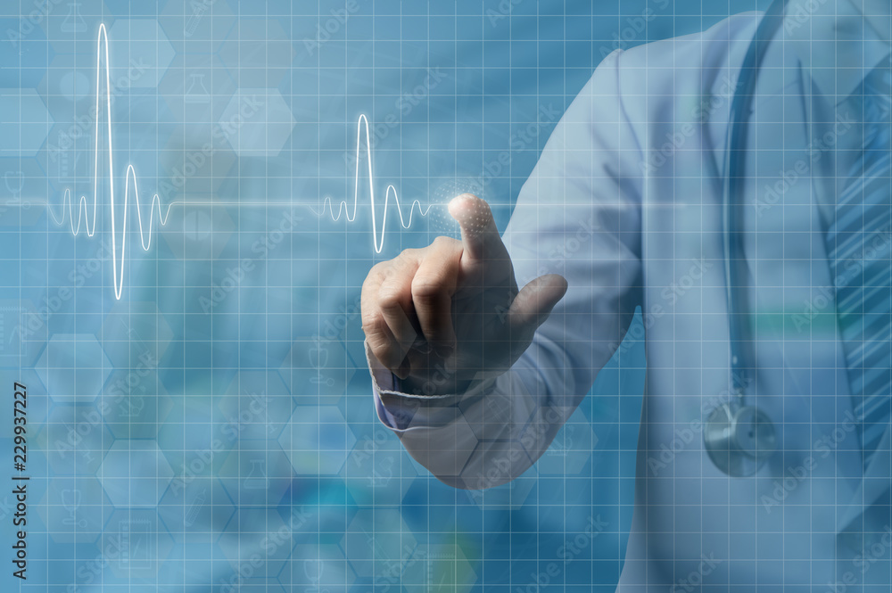 doctor hand and index finger touching on screen of ECG wave Stock Photo ...
