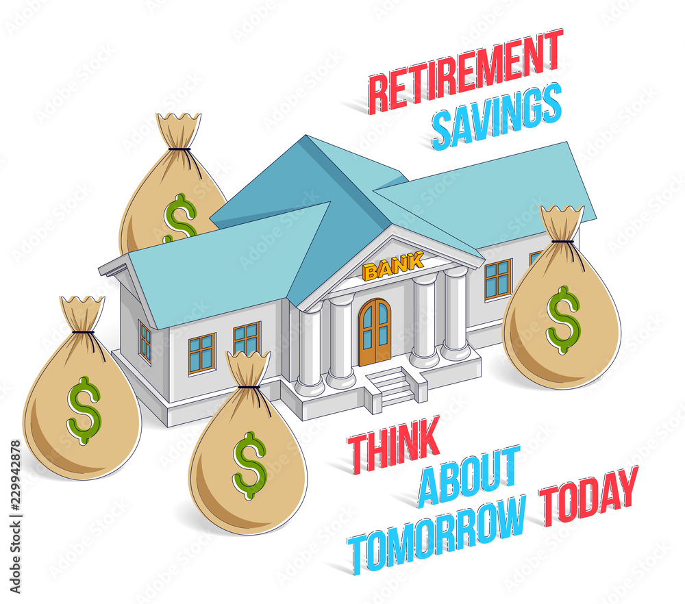 Retirement savings concept, bank building with money bags cartoon ...