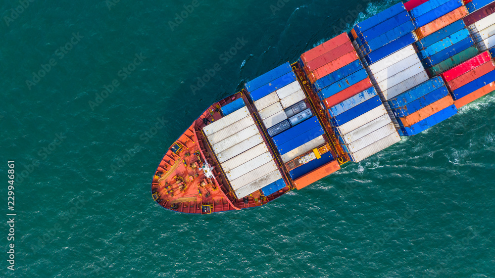 Aerial top view cargo vessel, Container vessel in export and import ...
