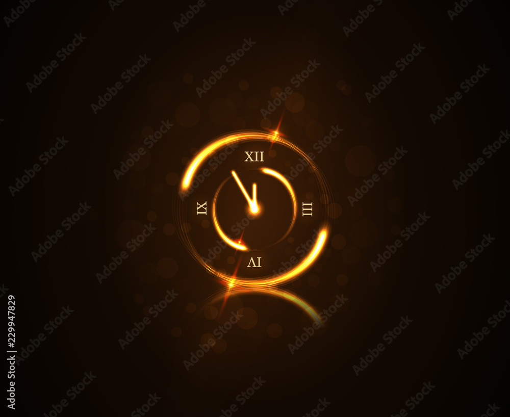 Magic gold clock countdown five minute time. Happy New Year background ...