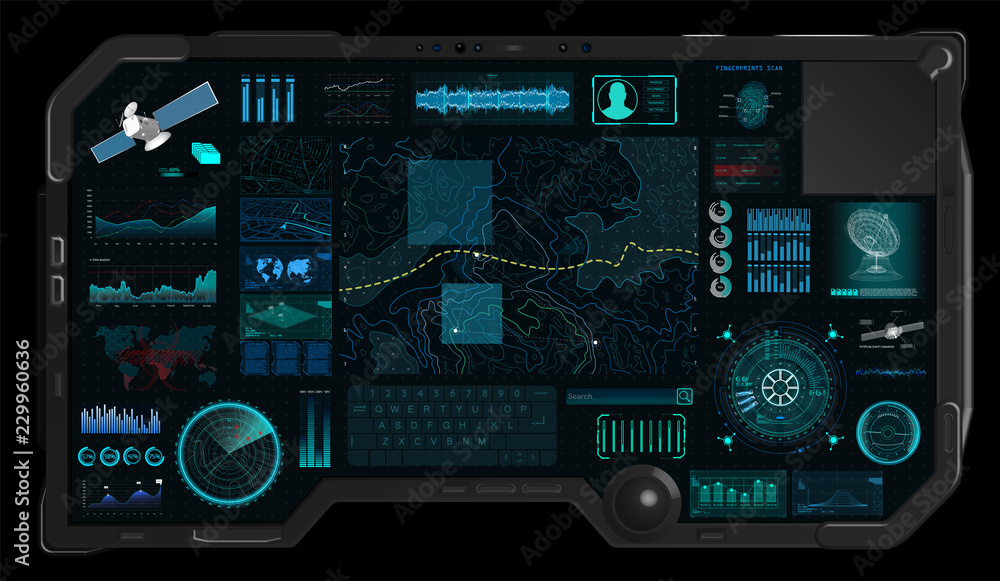 Command Center Screen in HUD style. Topographic Map, Contour ...