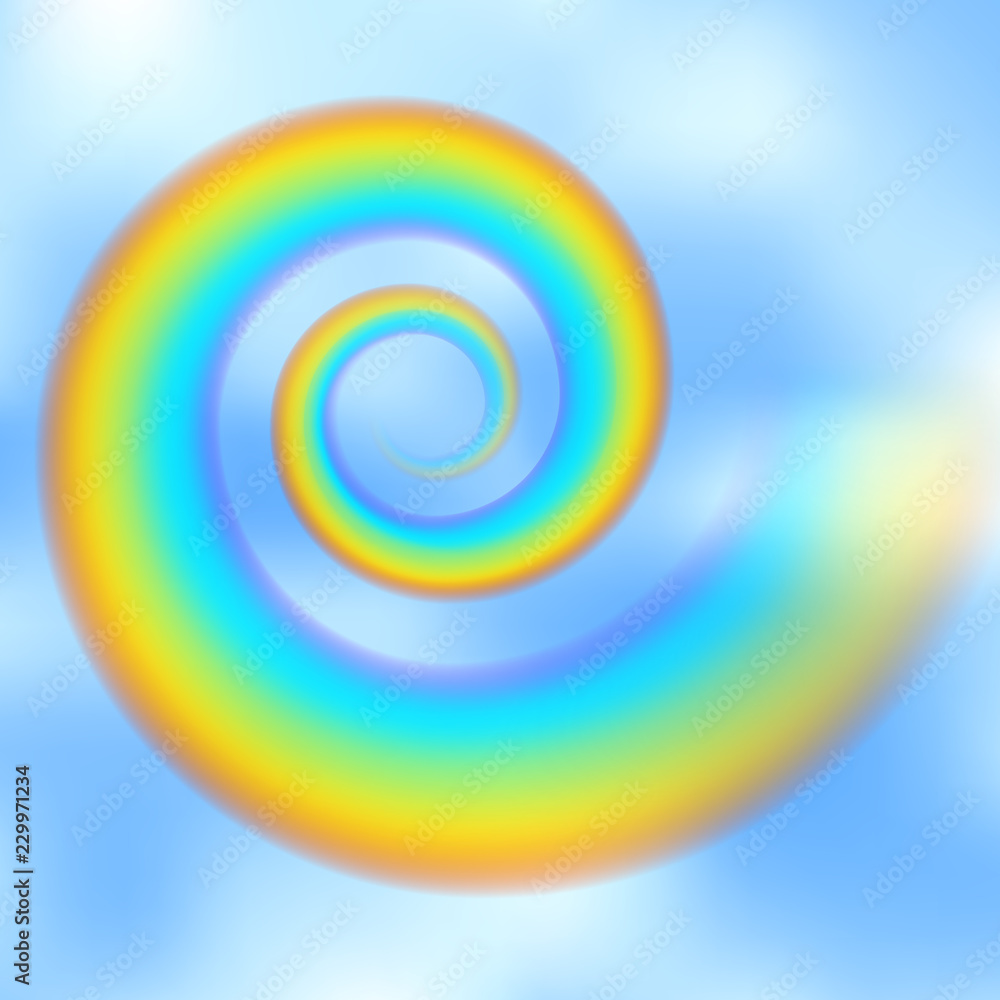 Spiral twisted rainbow in the blue sky among the light clouds. Rain bow ...